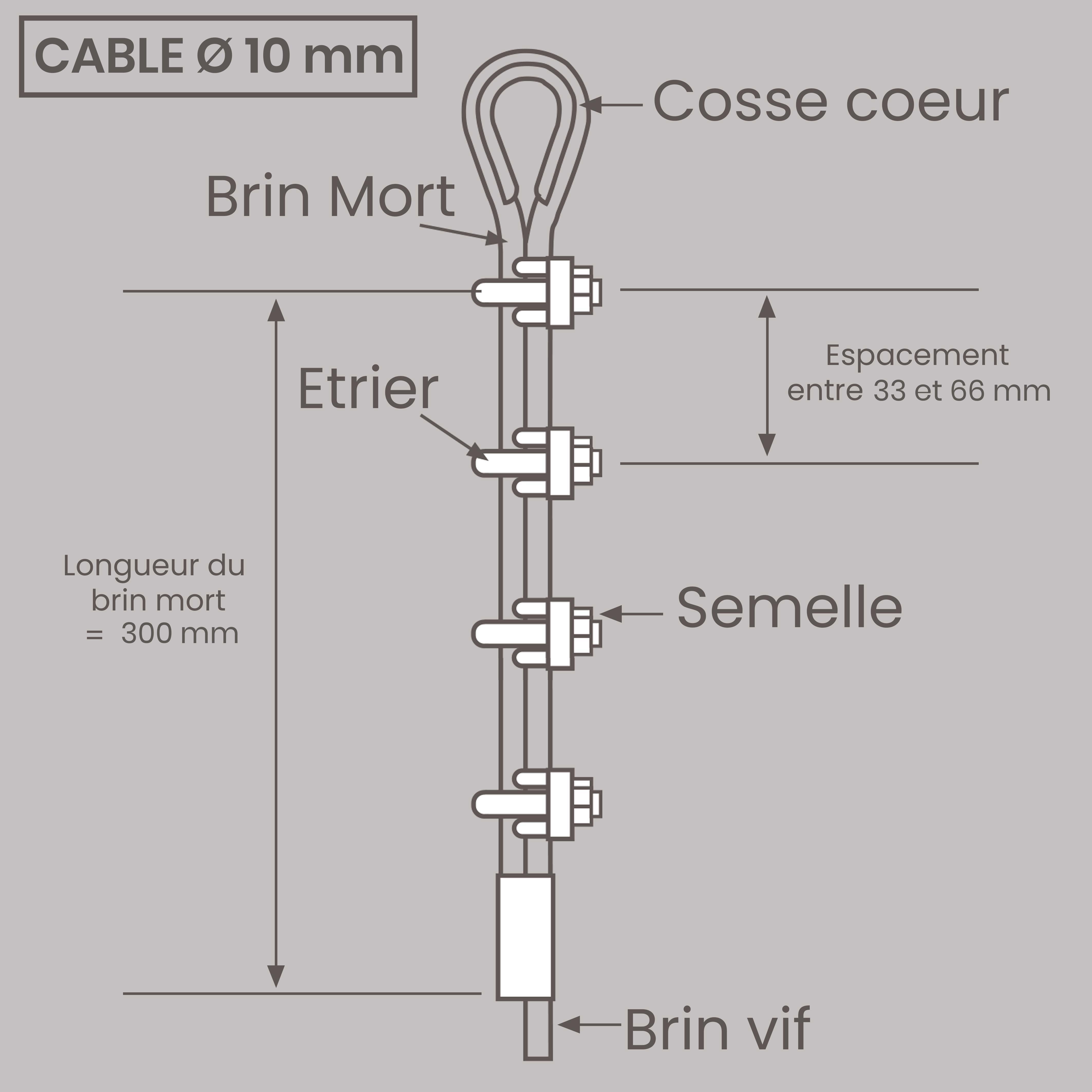 Câble Galva Diamètre 10 mm, Kit Cosse Cœur, Tendeur et Serre Câble